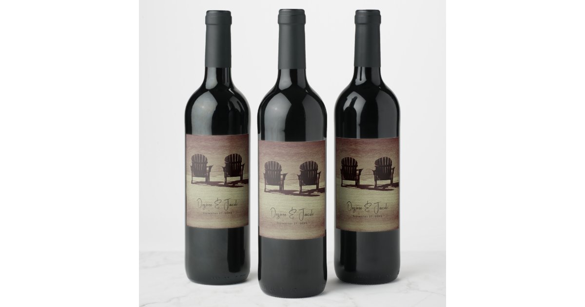 Rustic Brown Adirondack Beach Chairs Wedding Wine Label | Zazzle