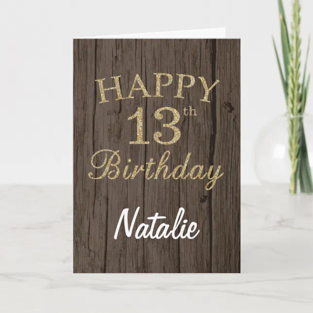 Rustic Brown and Gold Glitter 13th Birthday Card | Zazzle