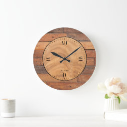 Rustic brown faux wood planks large clock | Zazzle