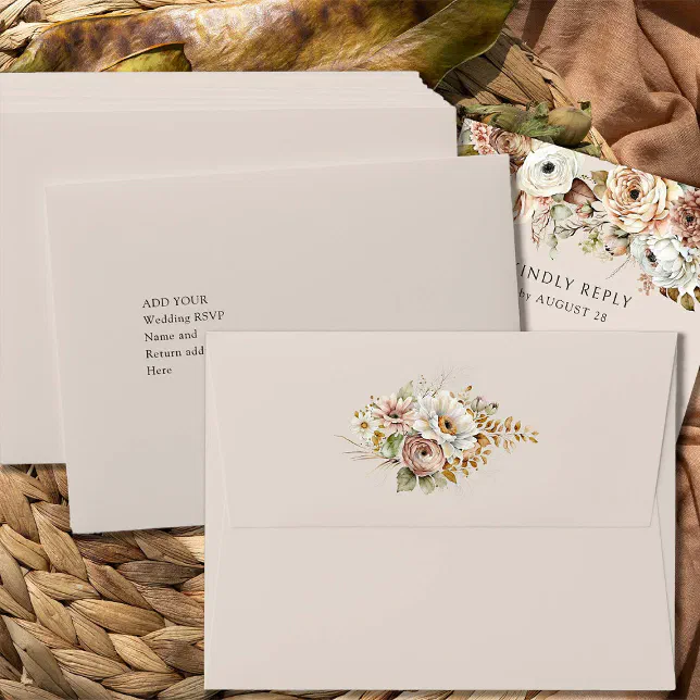 Rustic Brown Floral Pre-Addressed Wedding RSVP Envelope | Zazzle