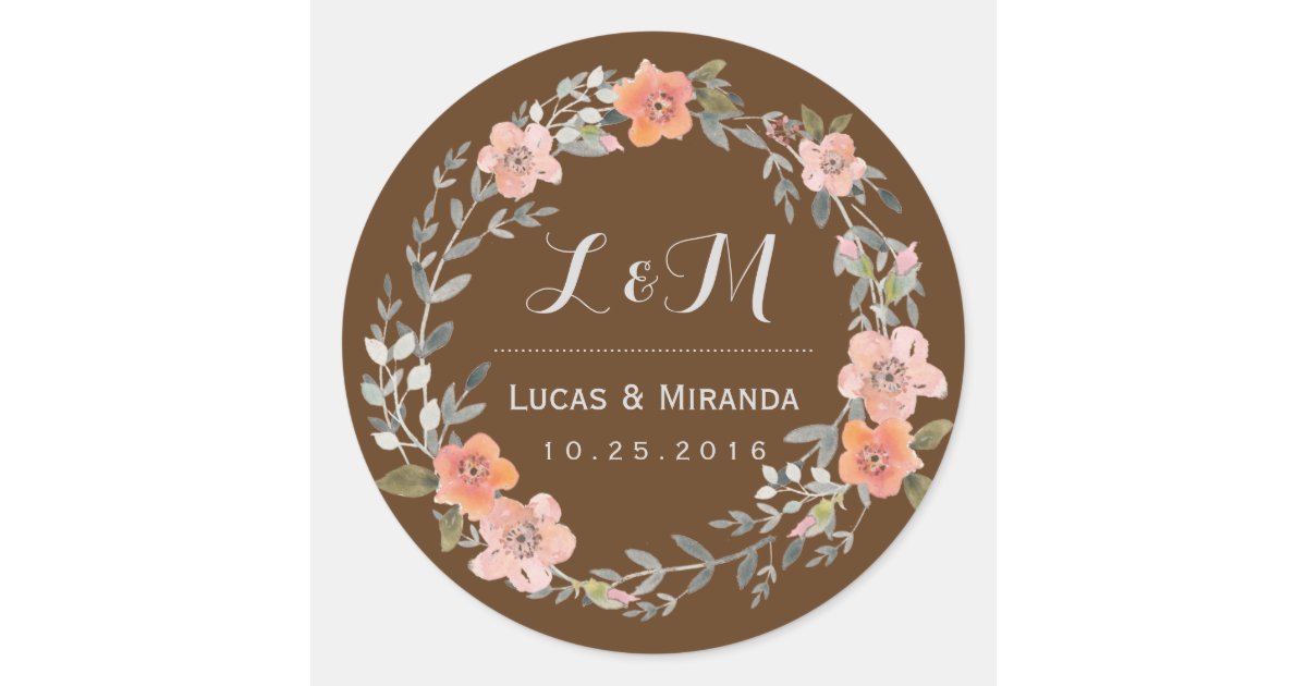 Rustic Brown Flower Wreath Wedding Favor Sticker | Zazzle