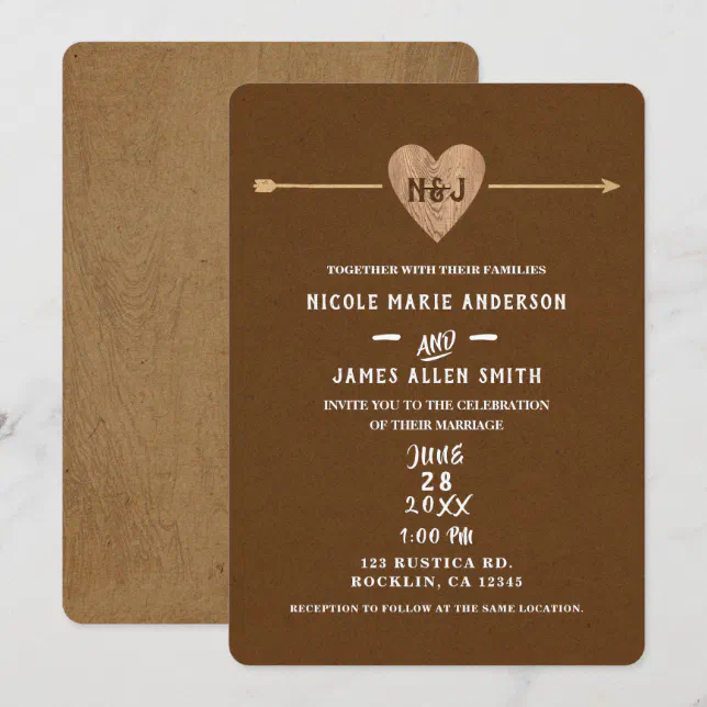 Rustic Brown Kraft Heart Arrow Woodsy Wedding Invitation | Zazzle