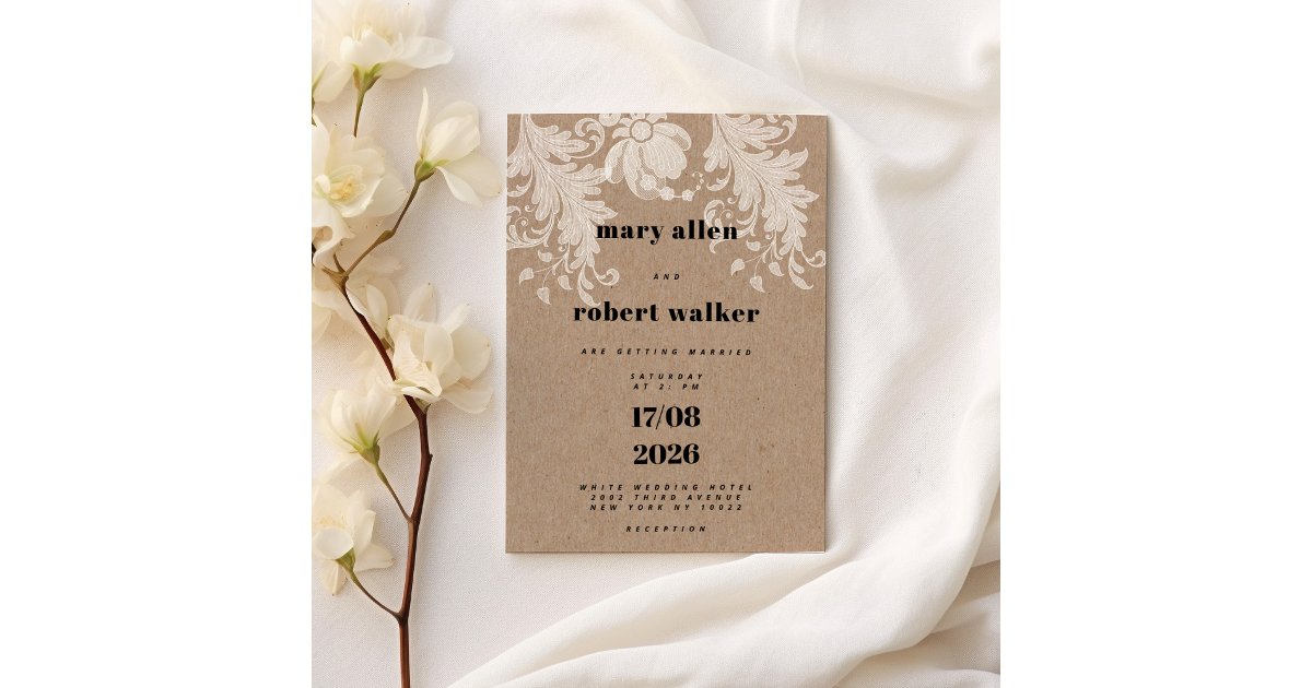 Rustic brown kraft paper white floral lace Wedding Invitation | Zazzle
