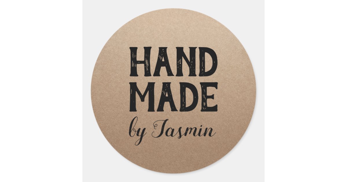Rustic brown kraft vintage handmade black script classic round sticker ...