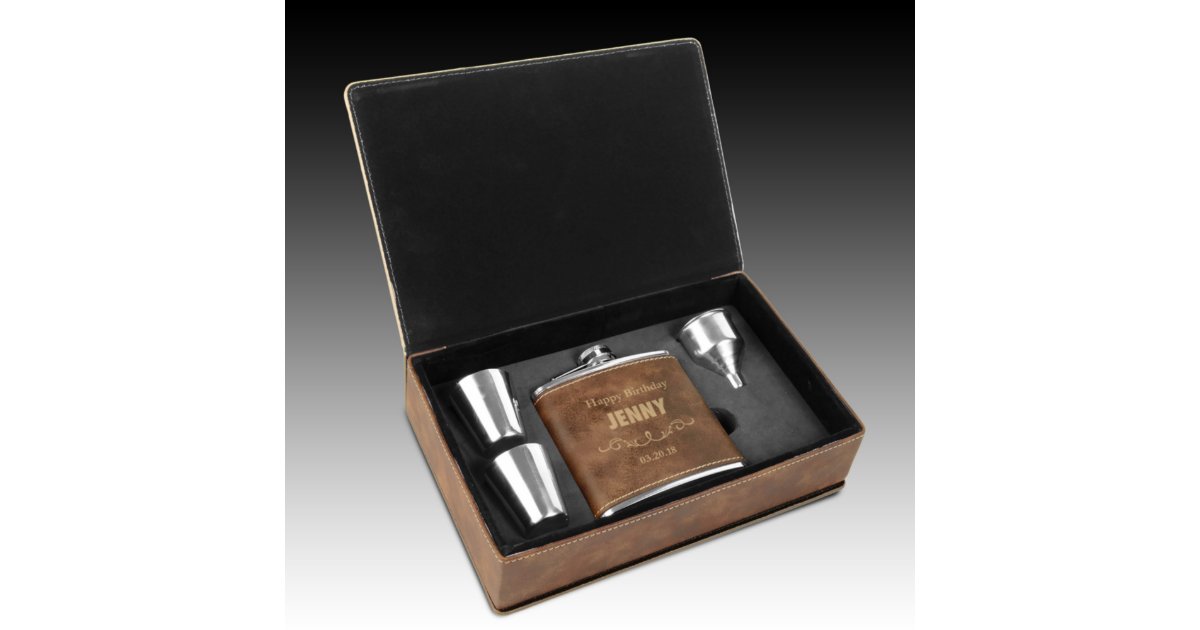 Rustic Brown Leatherette Engraved Flask Gift Set | Zazzle