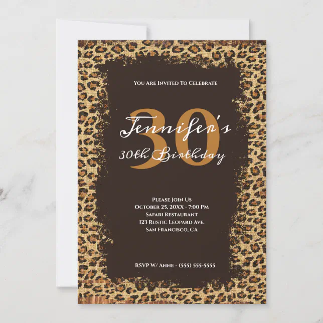 Rustic Brown Leopard Burlap Grunge 30th Birthday Invitation | Zazzle