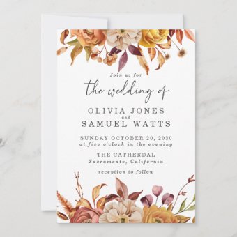 Rustic Brown Orange Gold Autumn Floral Wedding Invitation | Zazzle