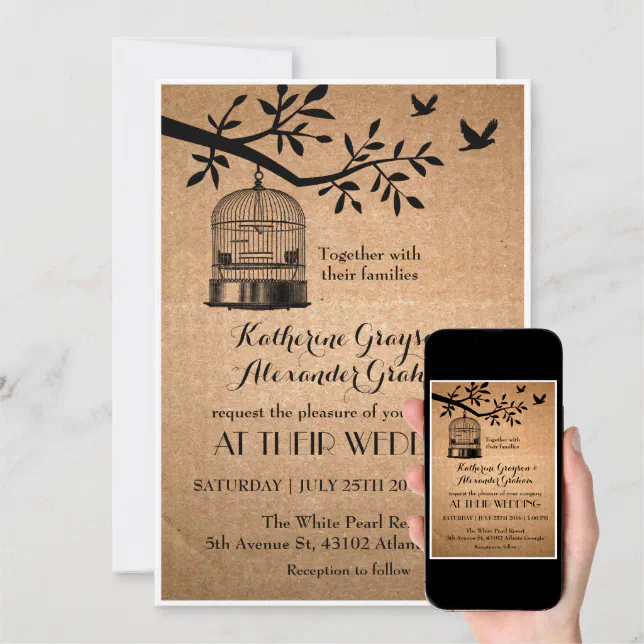 Rustic Brown Paper Bird Cage Wedding Invitation | Zazzle
