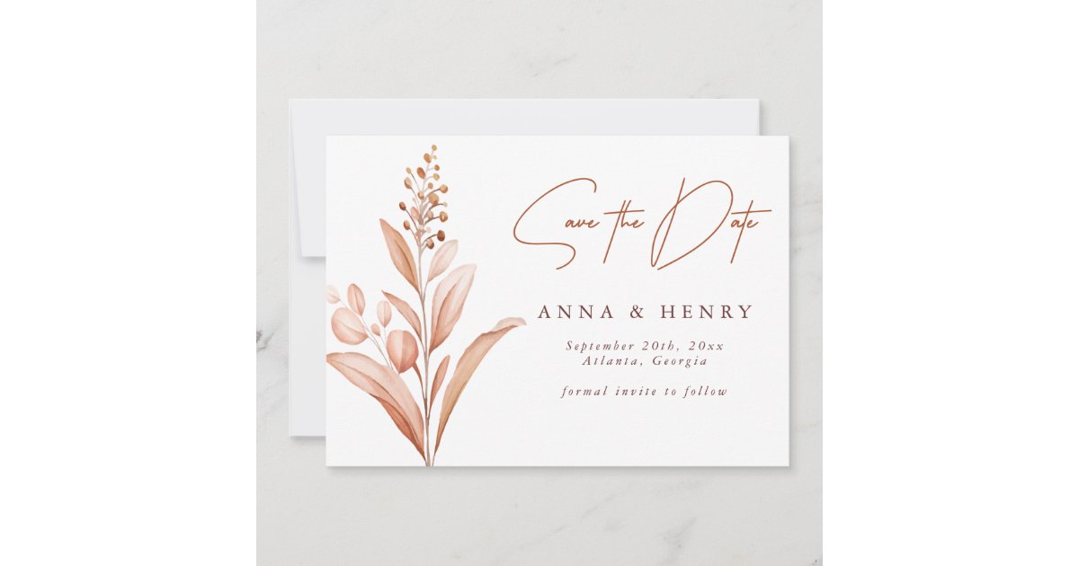 Rustic Brown Peach Leaves Watercolor Wedding Invitation | Zazzle