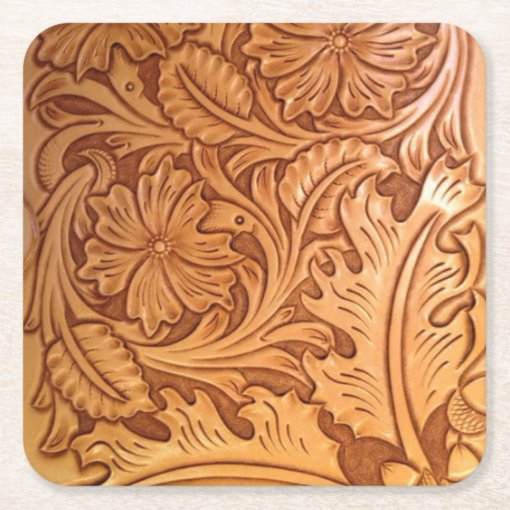 Rustic brown western country tooled leather square paper coaster | Zazzle