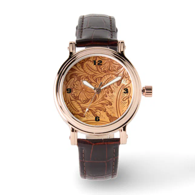 Rustic brown western country tooled leather watch | Zazzle