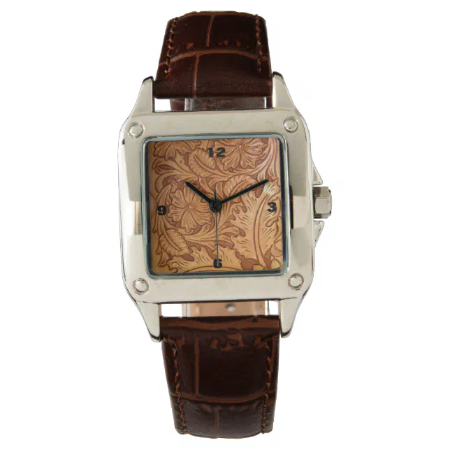 Rustic brown western country tooled leather watch | Zazzle