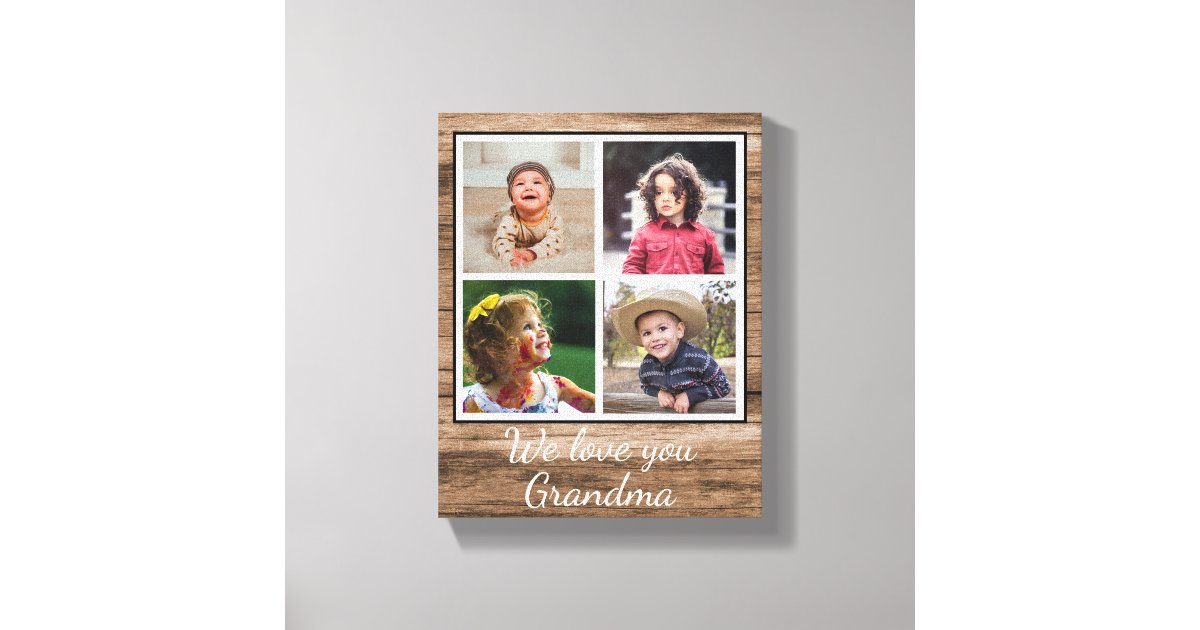 Rustic Brown Wood 4 Photo Collage Grandma Canvas Print | Zazzle