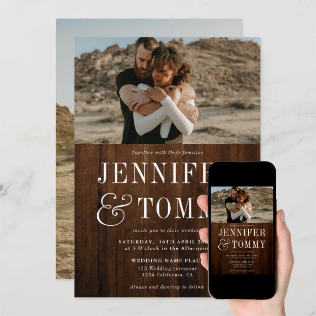 Rustic brown wood bold fall photo wedding invitation | Zazzle