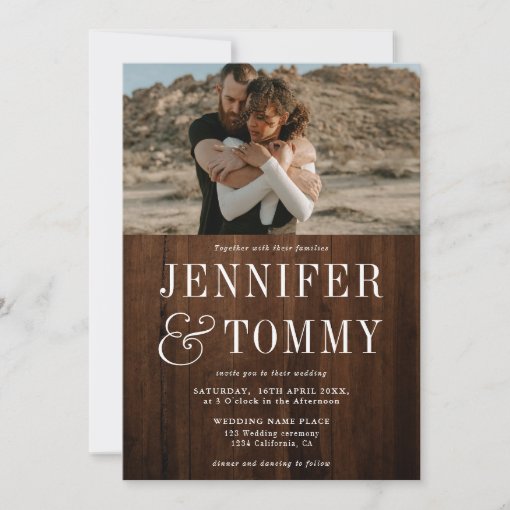 Rustic brown wood bold fall photo wedding invitation | Zazzle