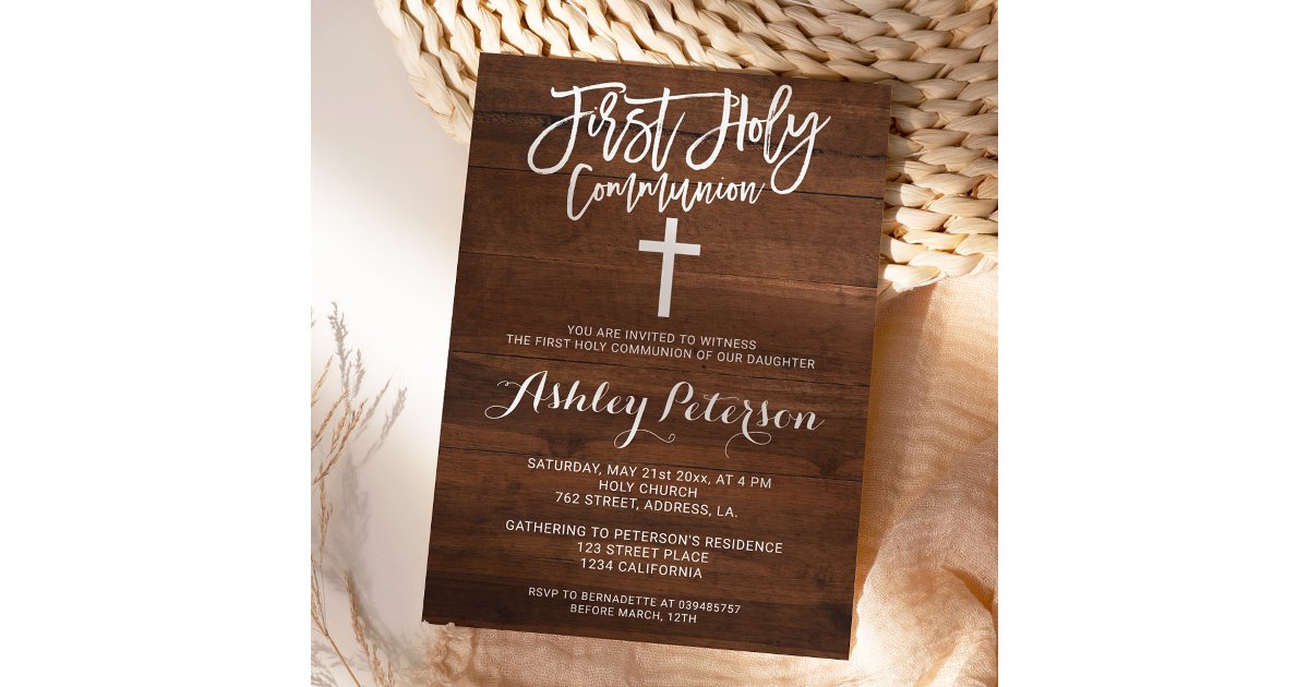 Rustic brown wood first holy communion invitation | Zazzle