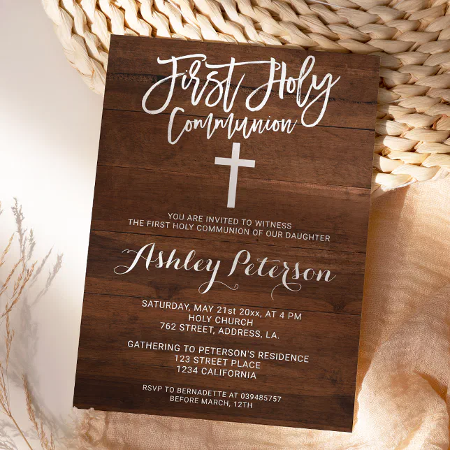 Rustic brown wood first holy communion invitation | Zazzle