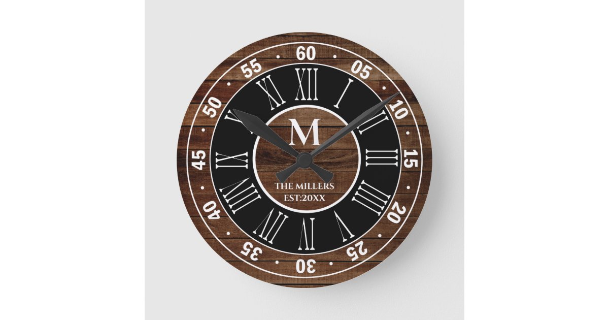 Rustic Brown Wood Pallet Roman Numeral Monogram Round Clock | Zazzle