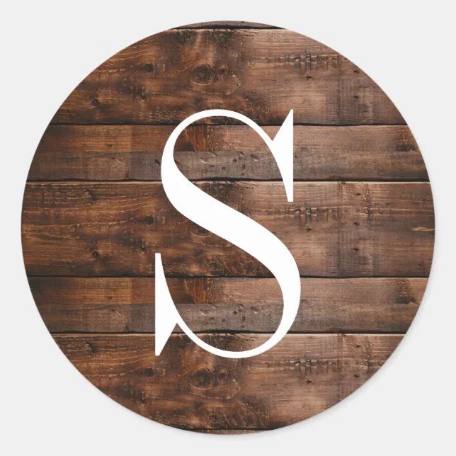 Rustic Brown Wood Texture Monogram Classic Round Sticker | Zazzle