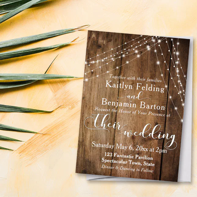 Rustic Brown Wood, White Light Strings Wedding 2 Invitation | Zazzle