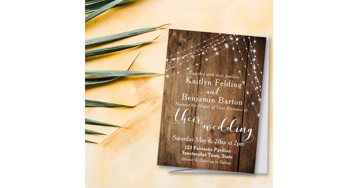 Rustic Brown Wood, White Light Strings Wedding 2 Invitation | Zazzle