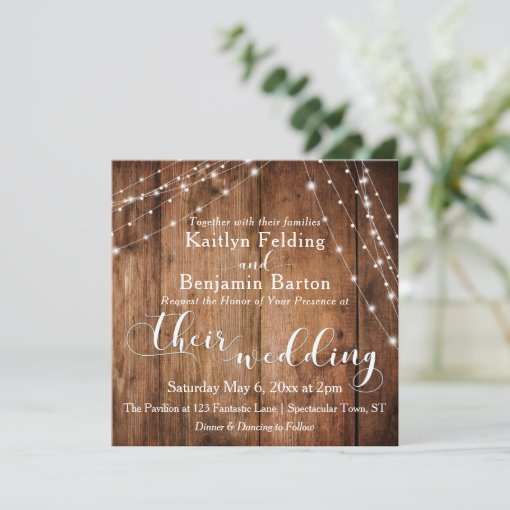 Rustic Brown Wood, White Light Strings Wedding 2b Invitation | Zazzle