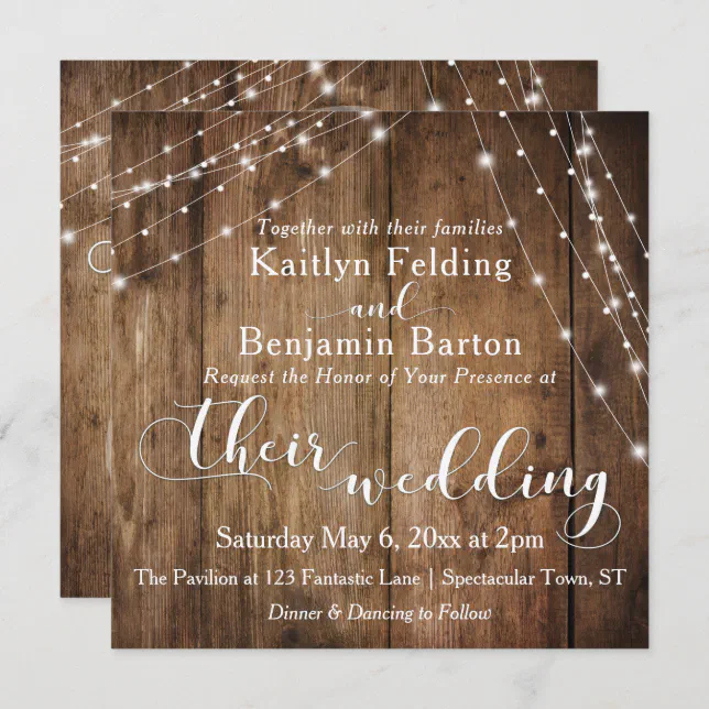 Rustic Brown Wood, White Light Strings Wedding 2b Invitation | Zazzle