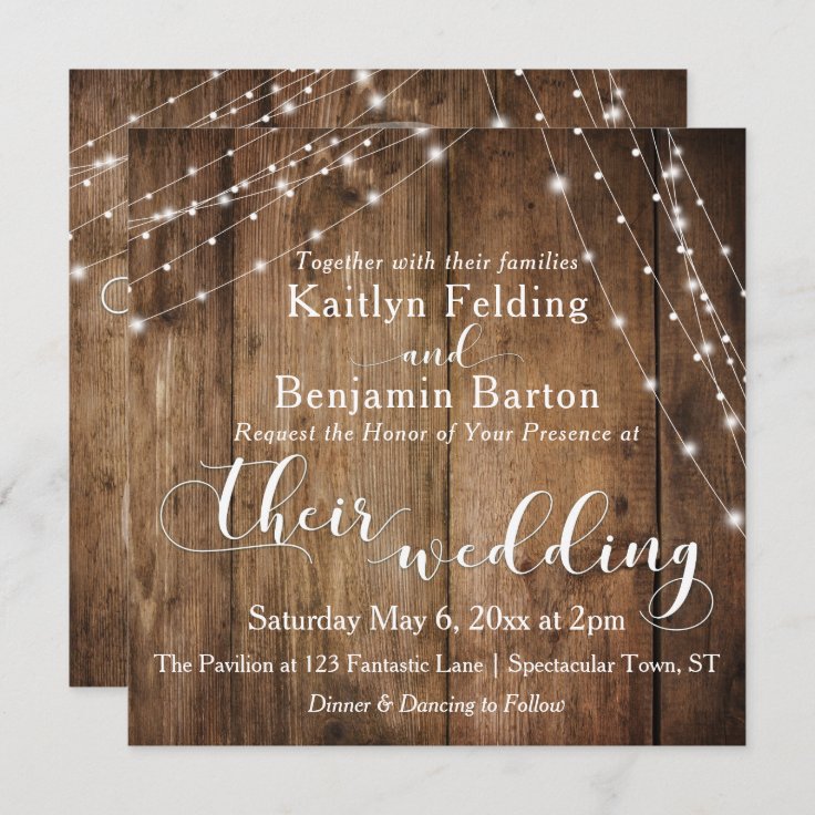 Rustic Brown Wood, White Light Strings Wedding 2b Invitation | Zazzle