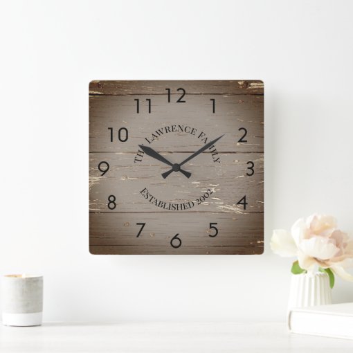 Rustic Brown Wooden Boards Personalized Square Wall Clock | Zazzle
