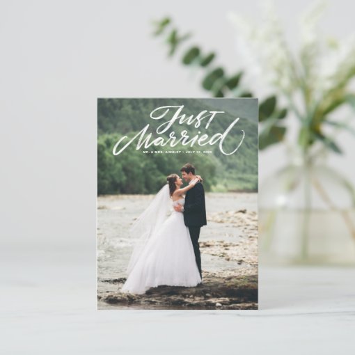 Rustic Brush Lettering Just Married Photo Postcard | Zazzle