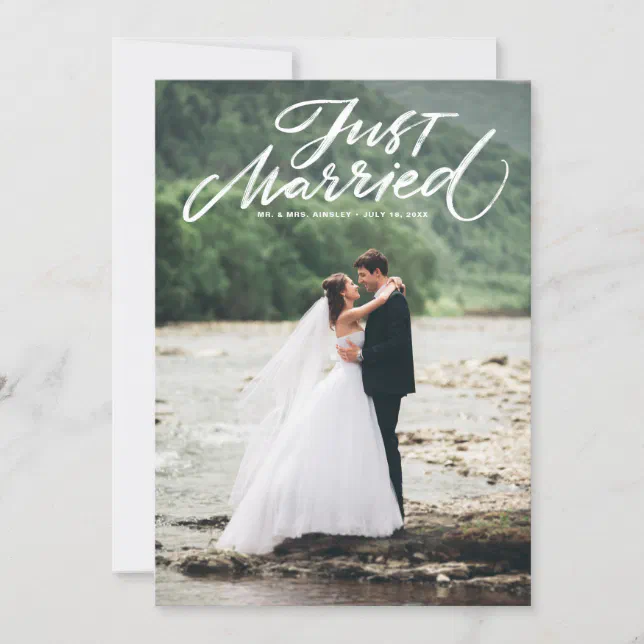 Rustic Brush Lettering Just Married Photo Thank You Card | Zazzle