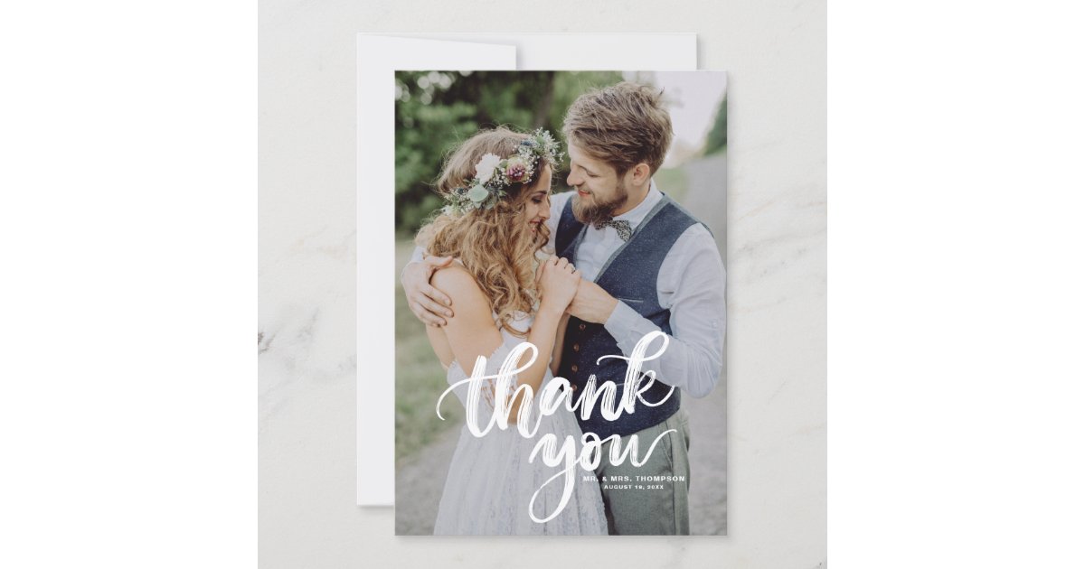 Rustic Brush Lettering Overlay Photo Wedding Thank You Card | Zazzle