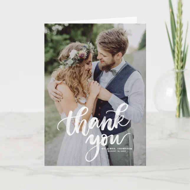 Rustic Brush Lettering Overlay Photo Wedding Thank You Card | Zazzle