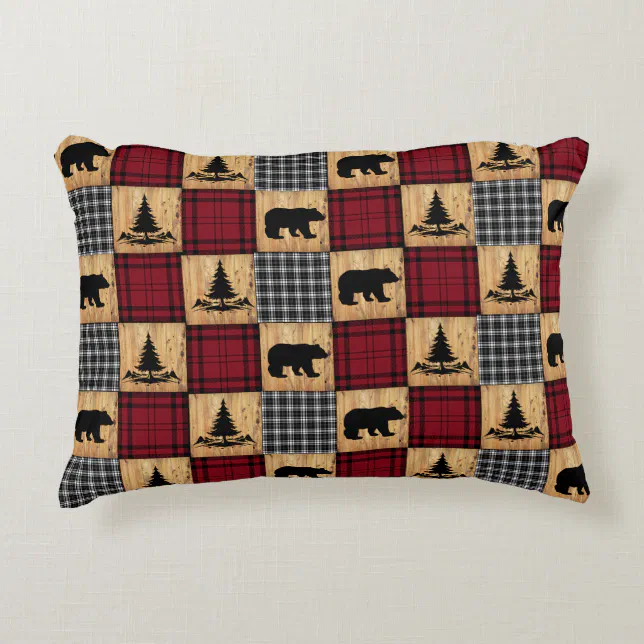 Rustic Buffalo Check Bears Trees Wood Red Black Accent Pillow | Zazzle