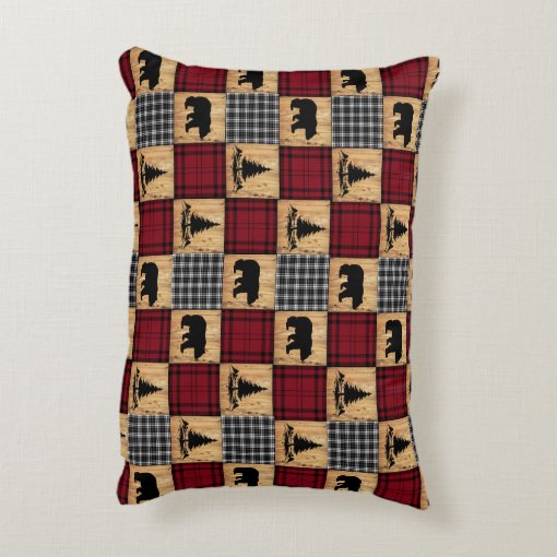 Rustic Buffalo Check Bears Trees Wood Red Black Accent Pillow | Zazzle