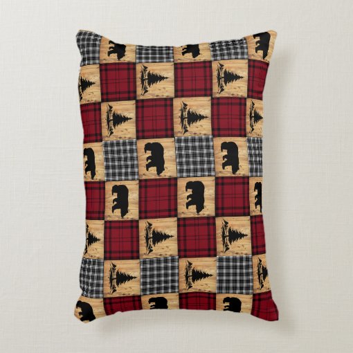 Rustic Buffalo Check Bears Trees Wood Red Black Accent Pillow | Zazzle