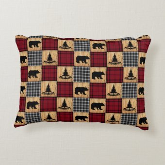 Rustic Buffalo Check Bears Trees Wood Red Black Accent Pillow | Zazzle