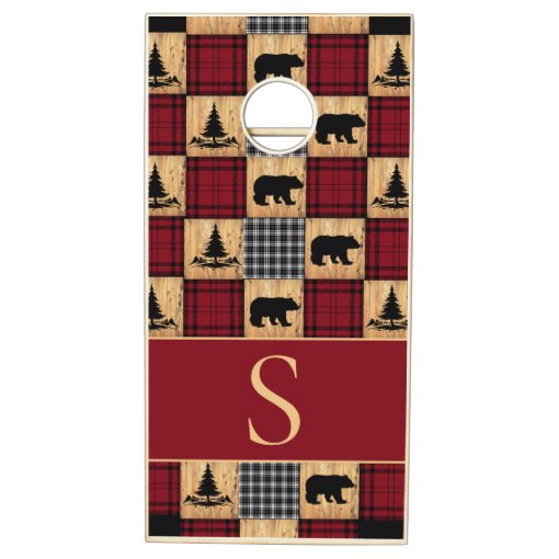 Rustic Buffalo Check Bears Trees Wood Red Black Cornhole Set | Zazzle