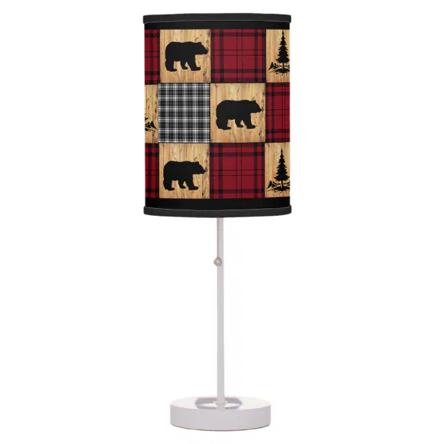 Rustic Buffalo Check Bears Trees Wood Red Black Table Lamp | Zazzle