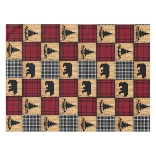 Rustic Buffalo Check Bears Trees Wood Red Black Tablecloth | Zazzle