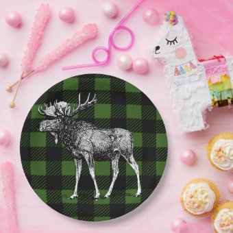 Rustic Buffalo Check Plaid & Moose Paper Plates | Zazzle