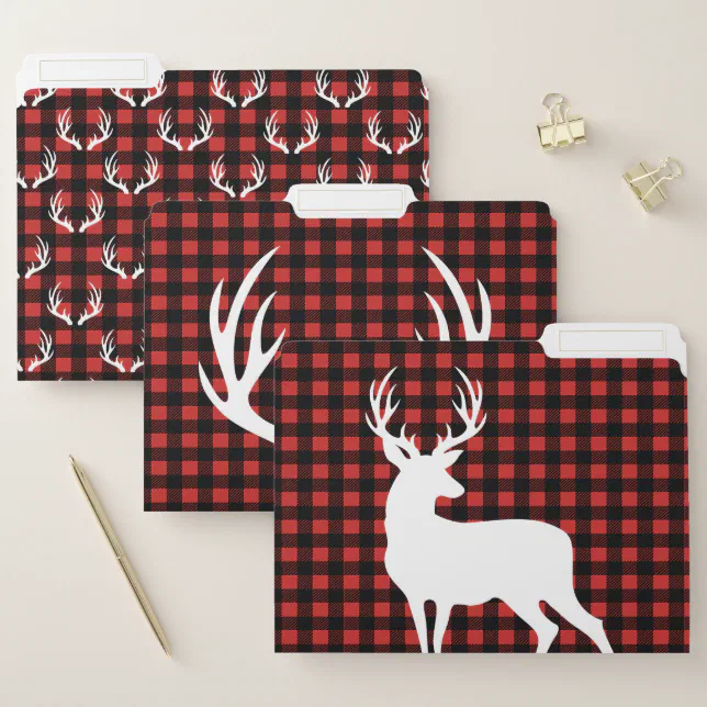 Rustic Buffalo Check Plaid & White Deer Antlers File Folder | Zazzle
