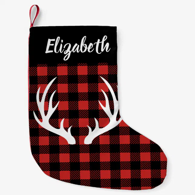 Rustic Buffalo Check Plaid & White Deer Antlers Small Christmas ...