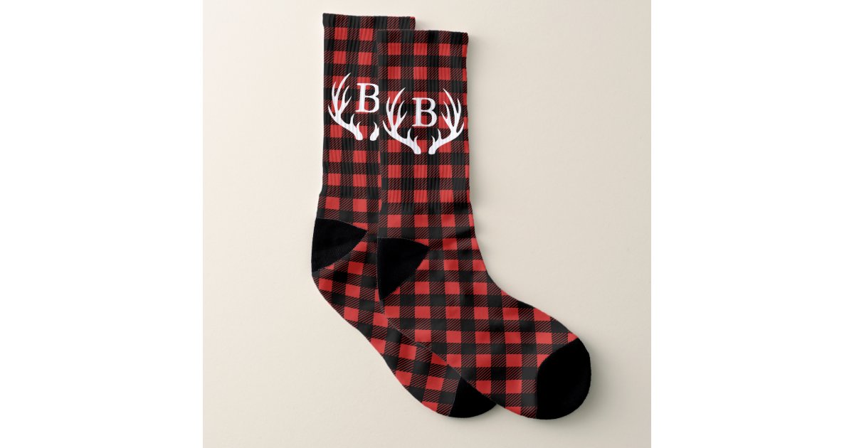 Rustic Buffalo Check Plaid & White Deer Antlers Socks | Zazzle.com