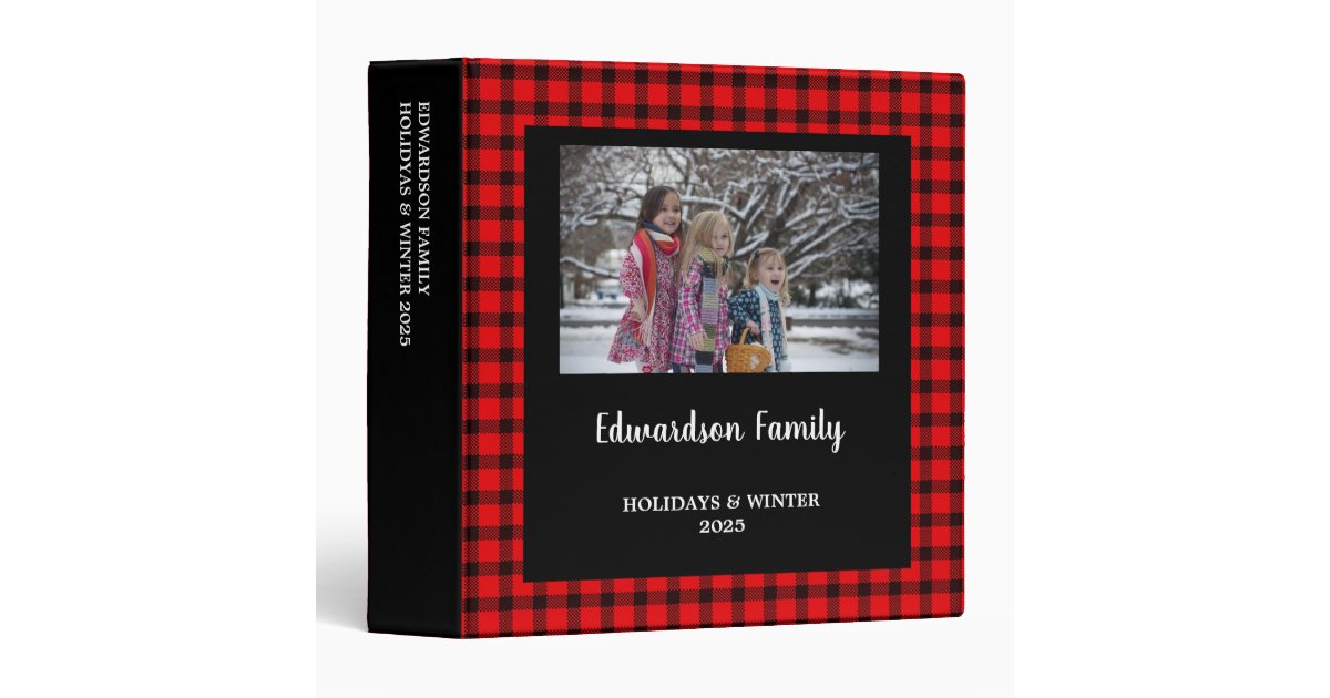 Rustic buffalo plaid family photo holiday album 3 ring binder | Zazzle