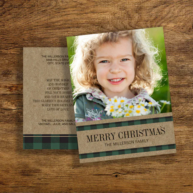 Rustic Buffalo Plaid Green Merry Christmas Photo Postcard | Zazzle