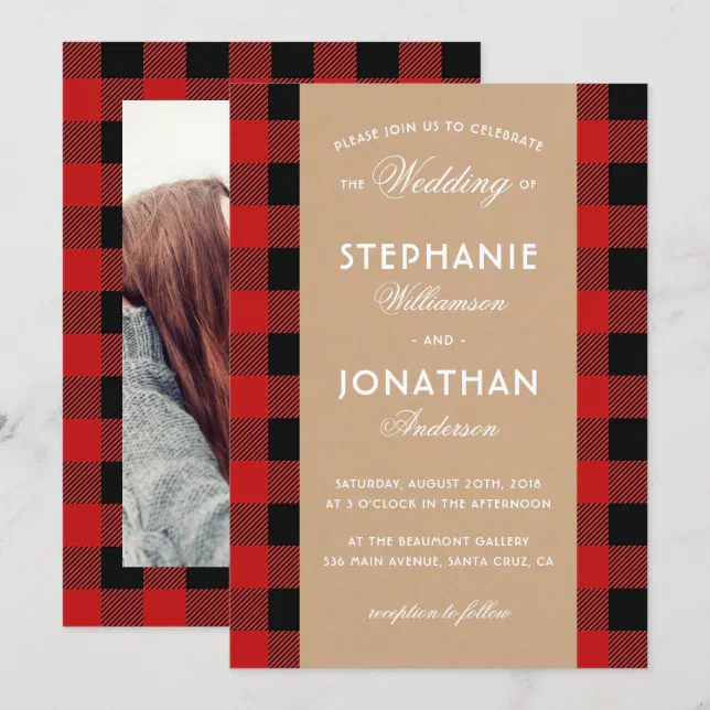Rustic Buffalo Plaid & Kraft Wedding Invitation | Zazzle