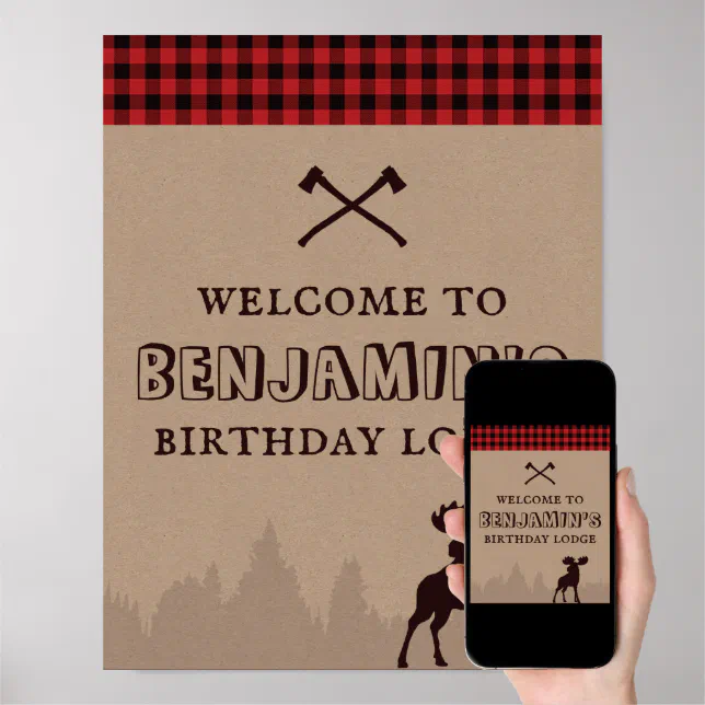 Rustic Buffalo Plaid Lumberjack Birthday Welcome Poster | Zazzle