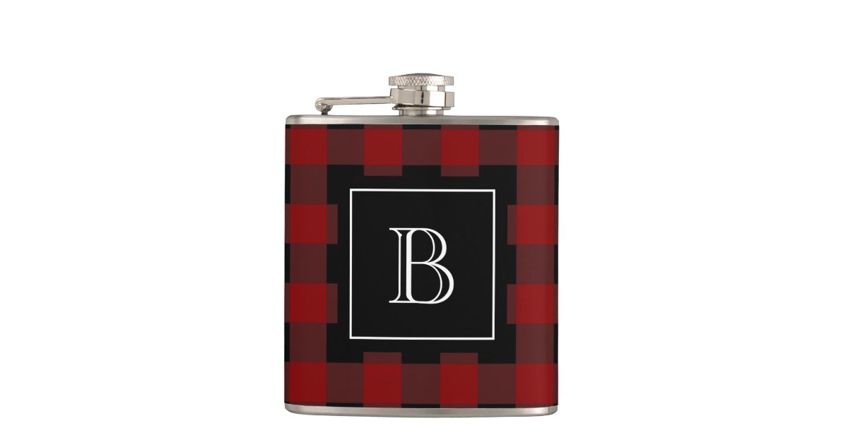 Rustic Buffalo Plaid Lumberjack Monogram Initial Flask | Zazzle