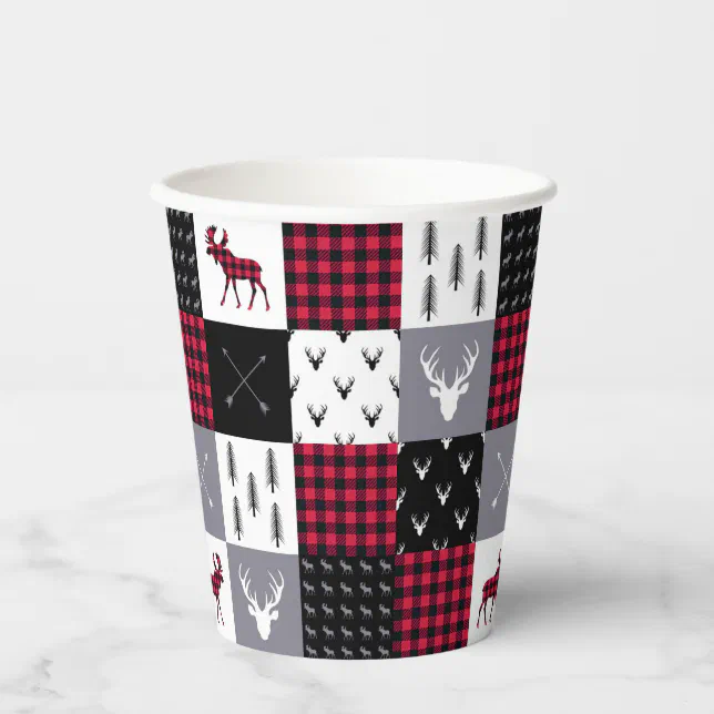 Rustic Buffalo Plaid Patchwork Red White Christmas Paper Cups | Zazzle
